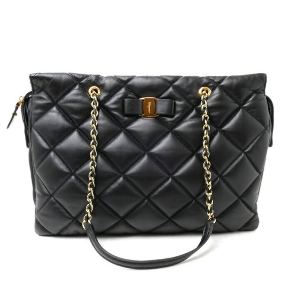 Salvatore Ferragamo | Bags | Salvatore Ferragamo Quilted Chain Shoulder Tote Bag Vara Black Ab2 ...